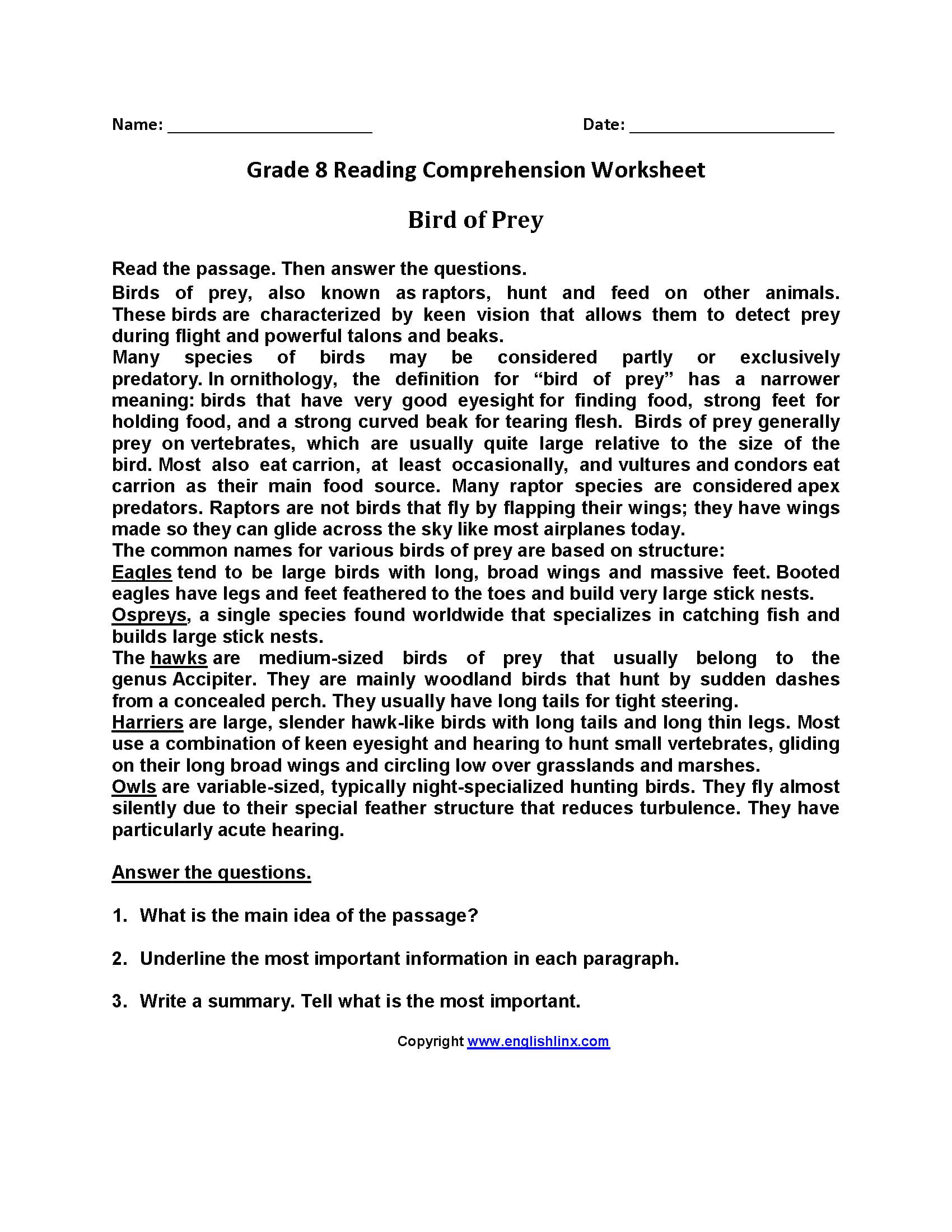 8th Reading Comprehension Worksheets Reading Comprehension Worksheets