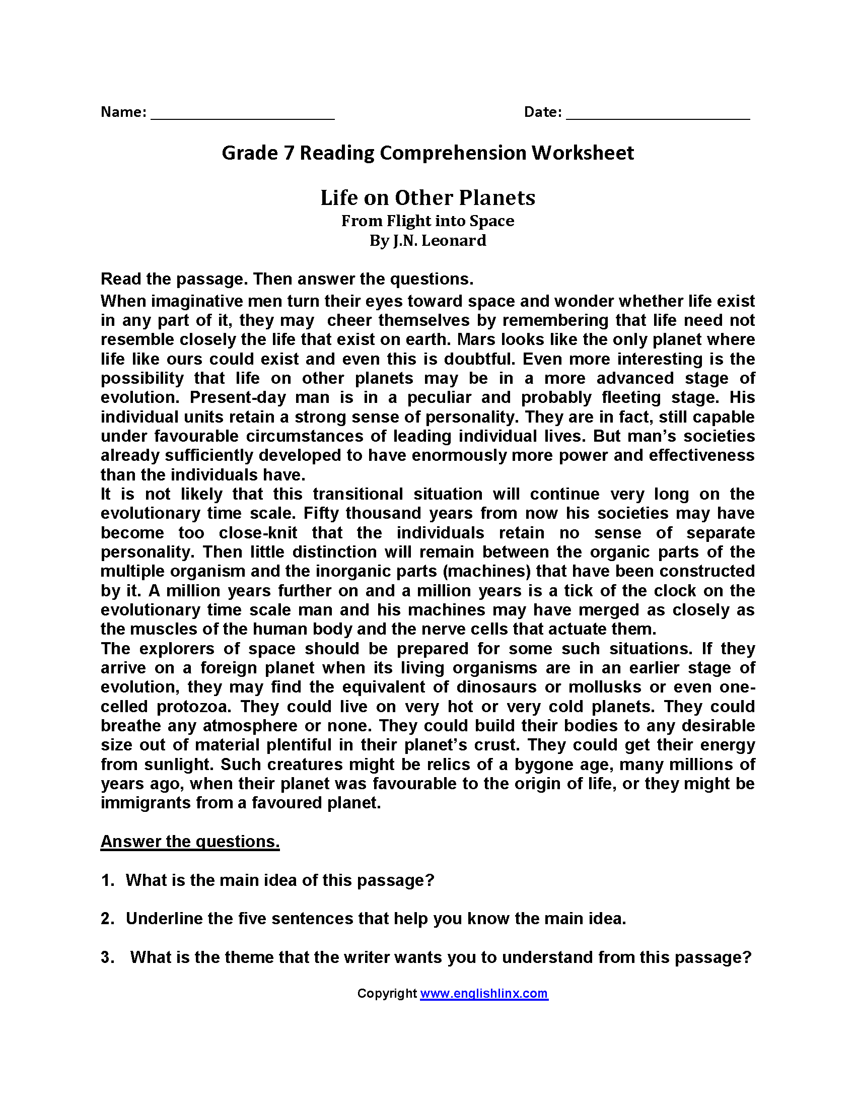 7th Grade Reading Passages Reading Comprehension Worksheets