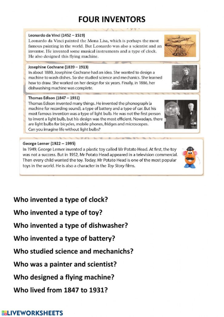 Four Inventors Reading Worksheet | Reading Comprehension Worksheets