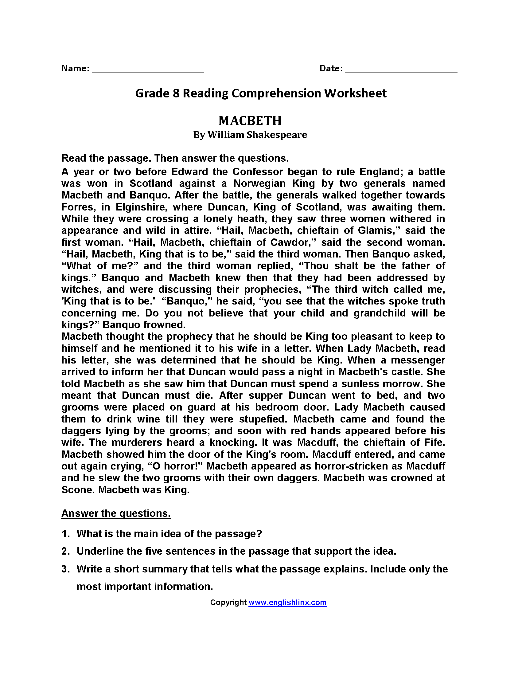 Reading Passages With Questions 8th Grade Reading Comprehension