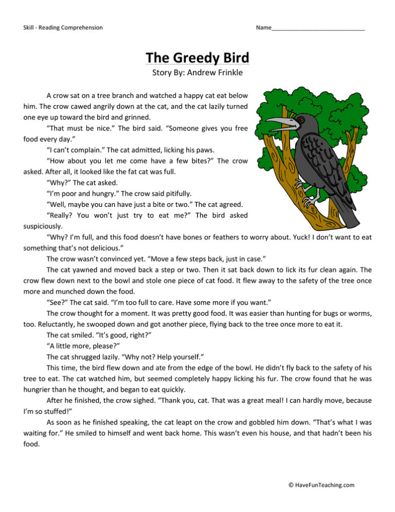 The Greedy Bird Reading Comprehension Worksheet Have Fun Teaching ...