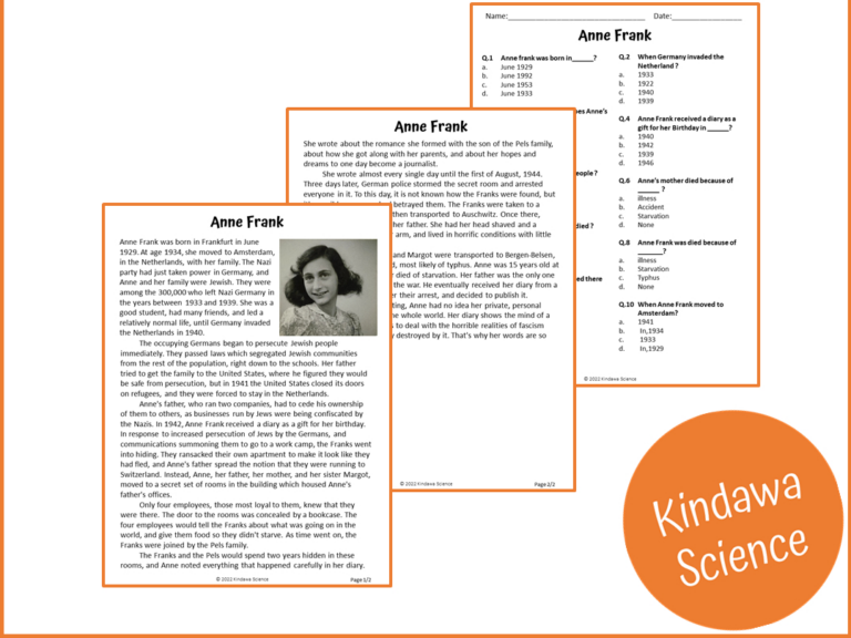Anne Frank Reading Comprehension Worksheets | Reading Comprehension ...