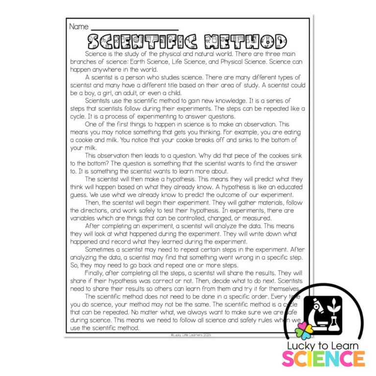 Scientific Method Reading Comprehension Worksheet | Reading ...